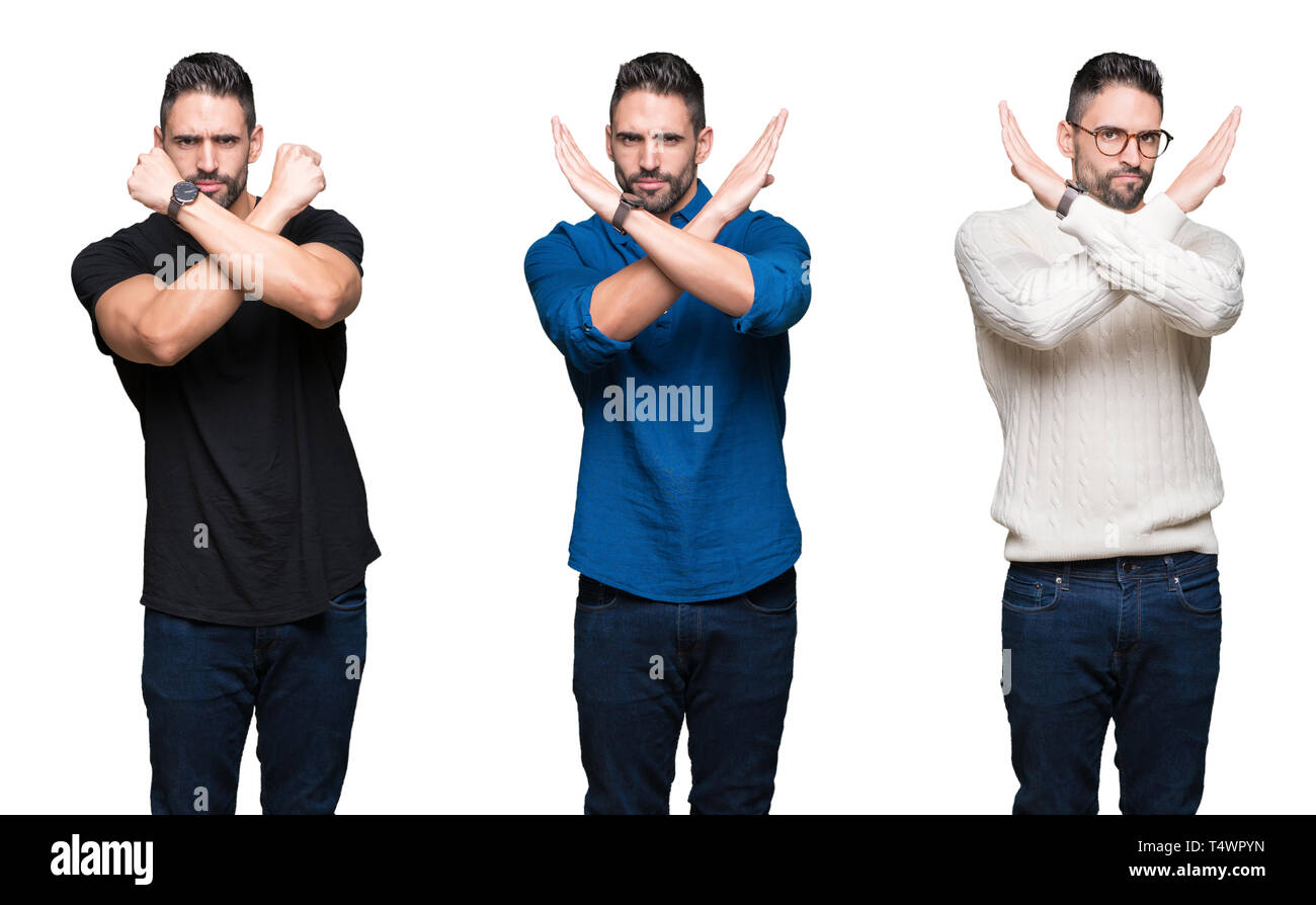 Collage of handsome man over white isolated background Rejection ...