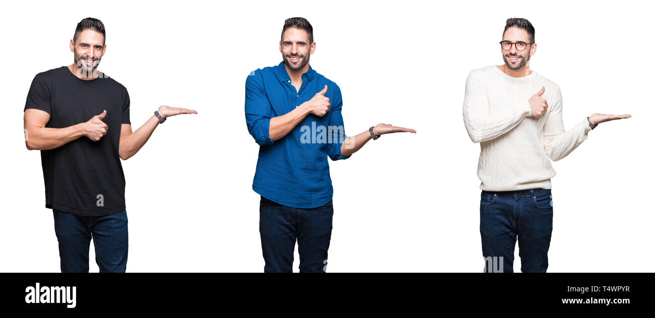Collage of handsome man over white isolated background Showing palm ...