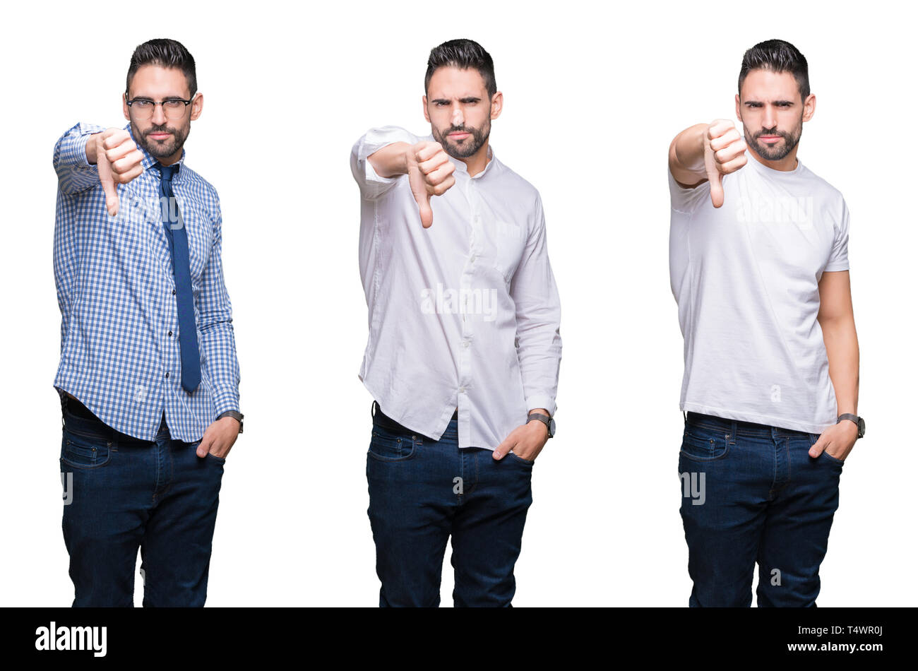 Collage of handsome business man over white isolated background looking ...