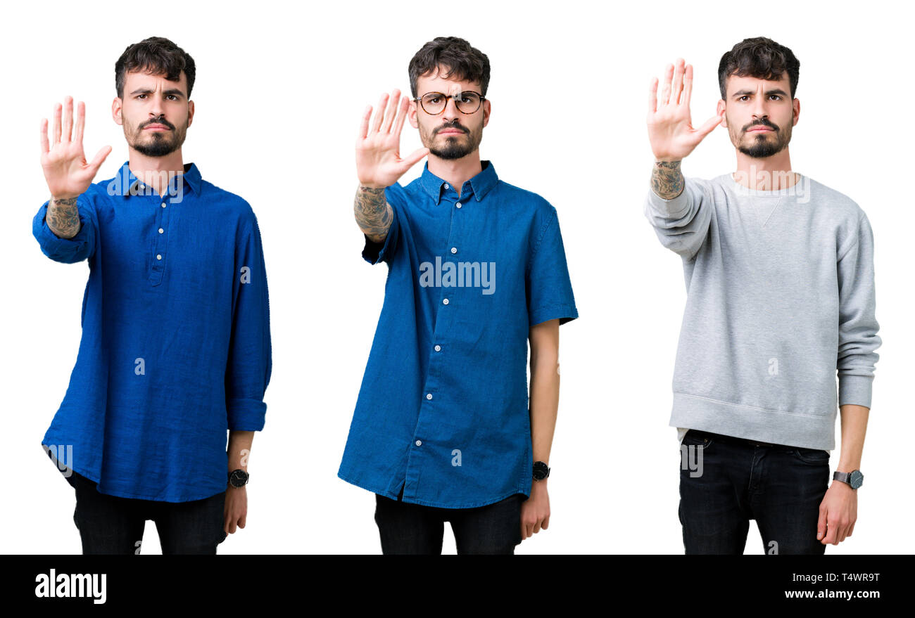 Collage of young man over isolated background doing stop sing with palm ...