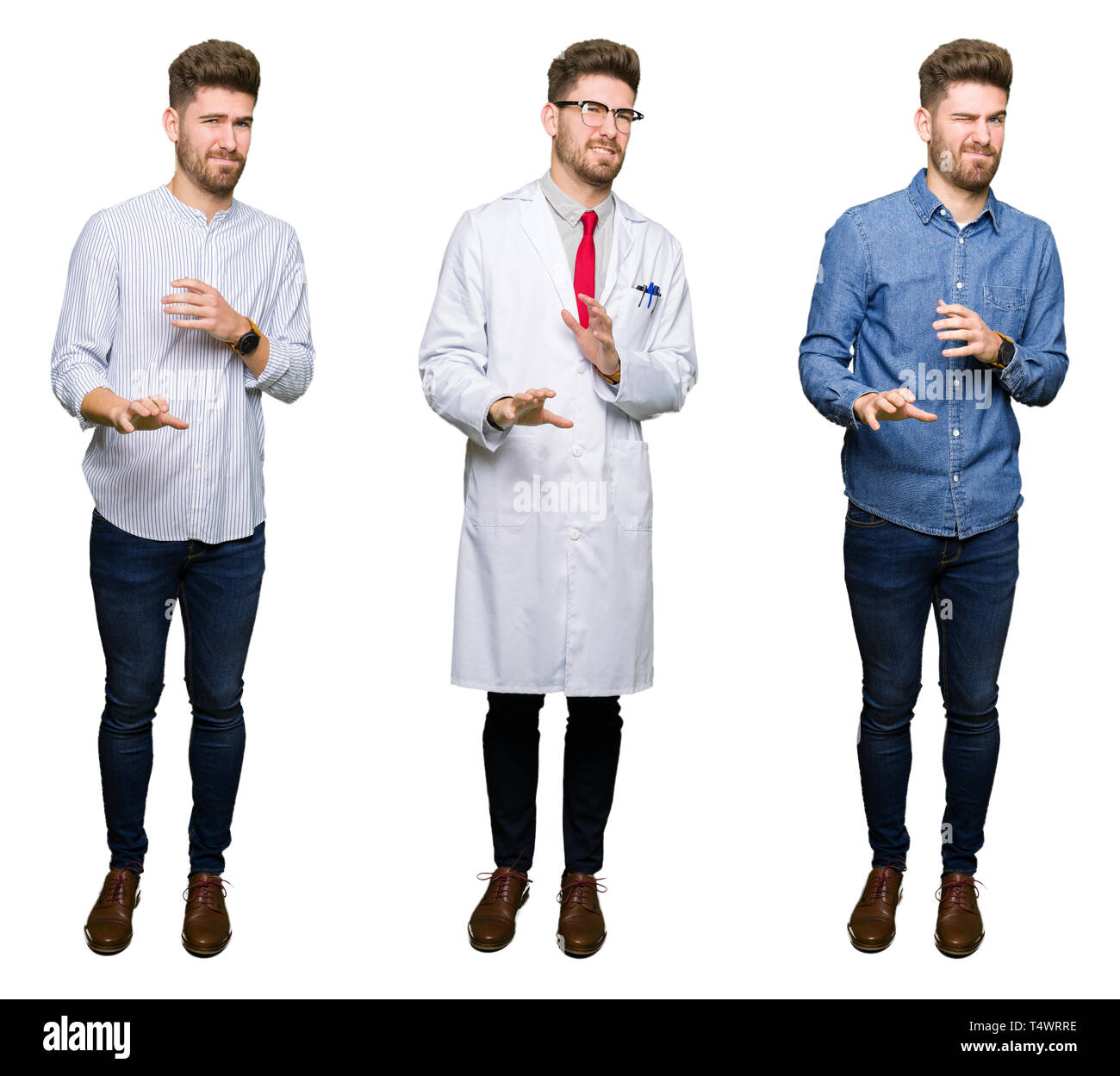 Collage of handsome young professional man over white isolated ...