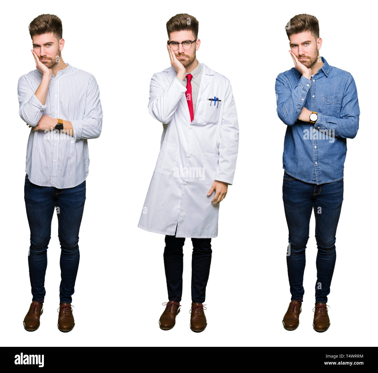 Collage of handsome young professional man over white isolated ...