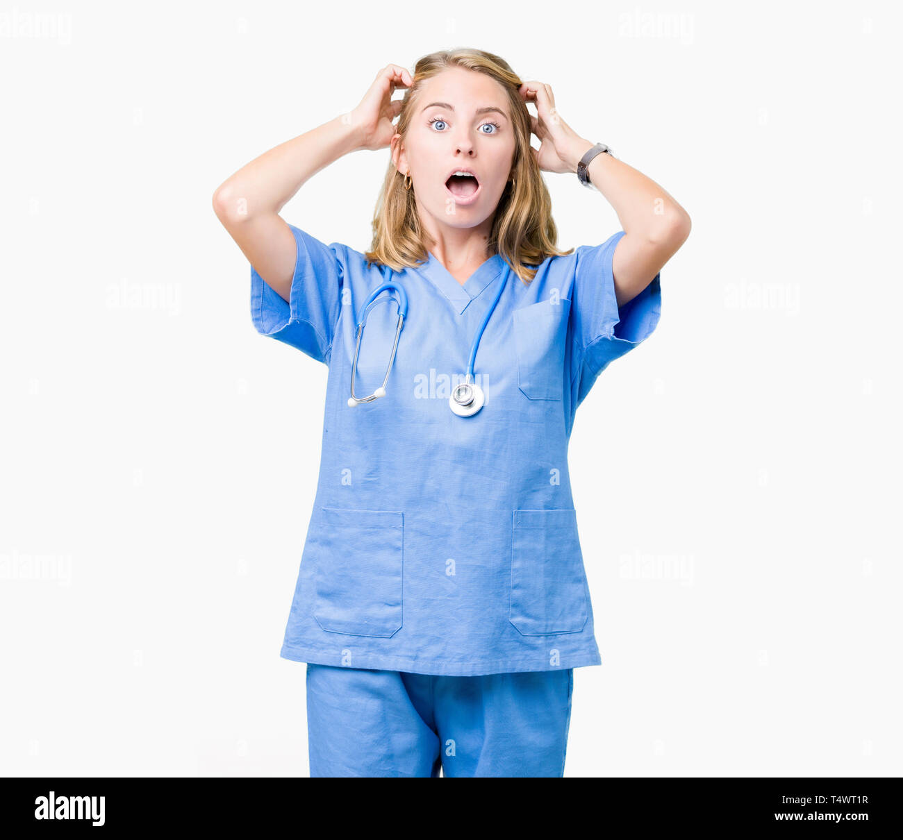 Beautiful young doctor woman wearing medical uniform over isolated ...