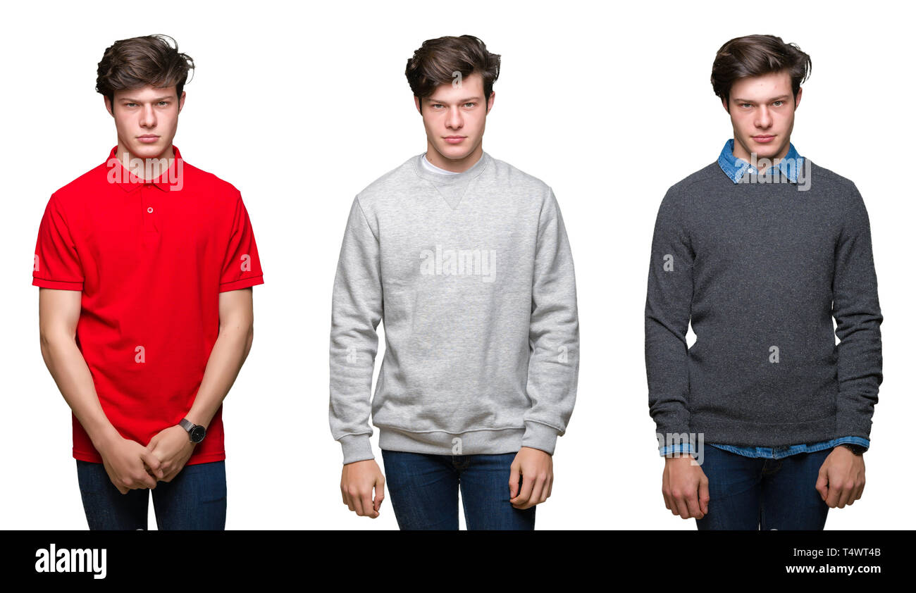 Collage of young man over white isolated background skeptic and nervous ...