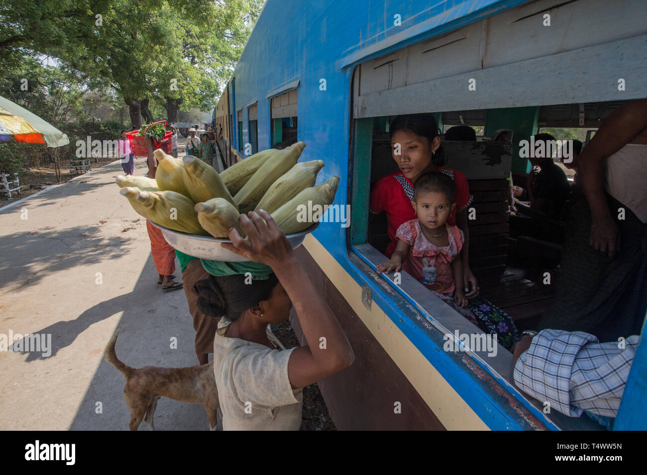Woman selling corn on the platform of station on the journey from ...