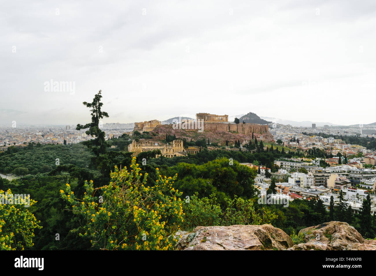 Acropolis, Parthenon and Athens cityscape view in cloudy and rainy day ...
