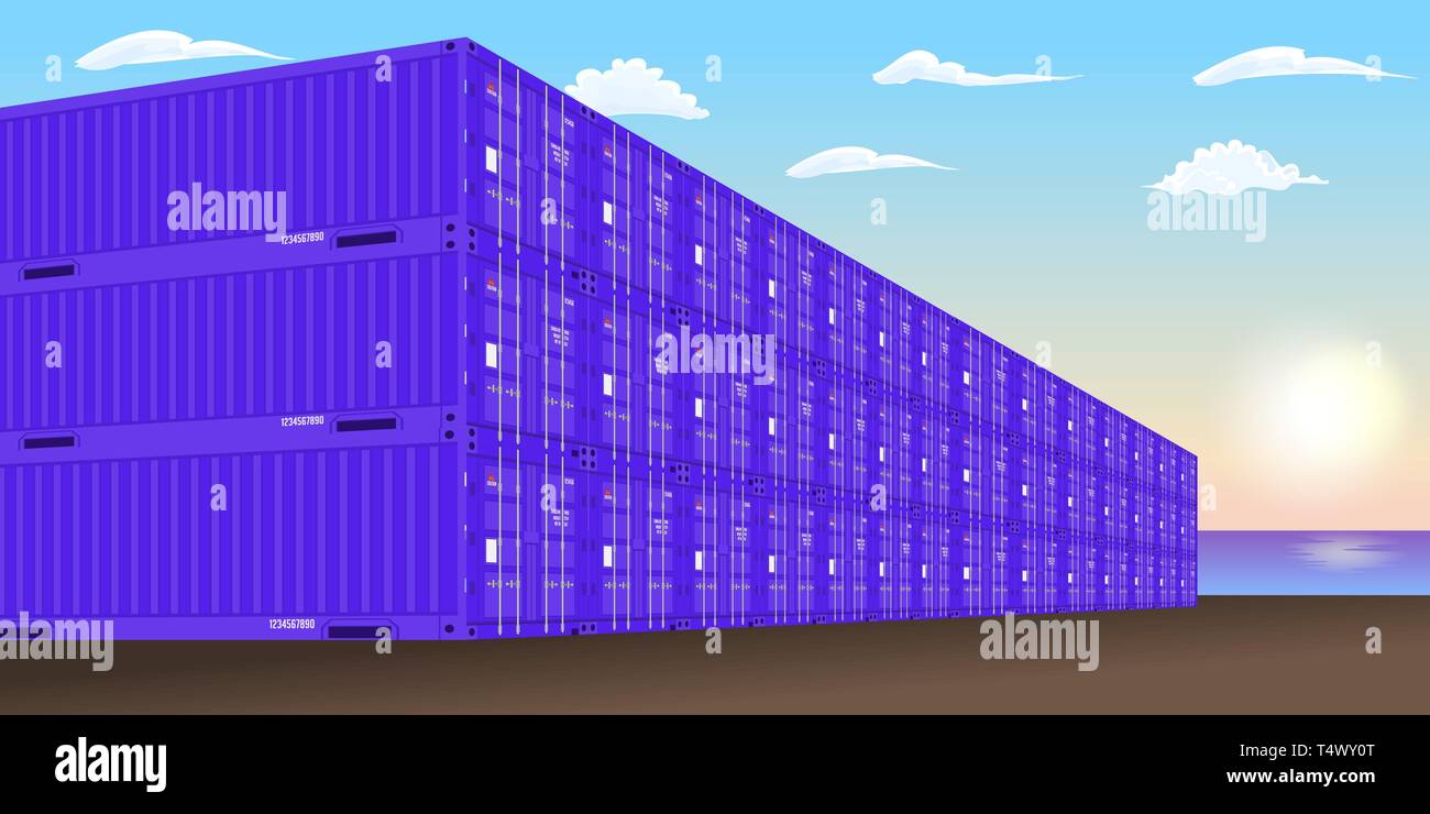 Stacked freight containers at a sea port dock. Vector illustration ...