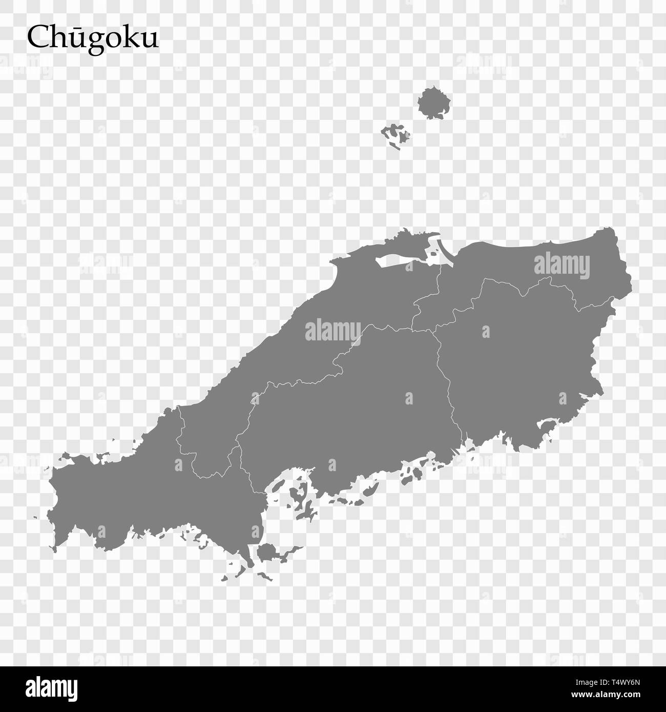 High Quality map of Chugoku is a region of Japan, with borders of the ...