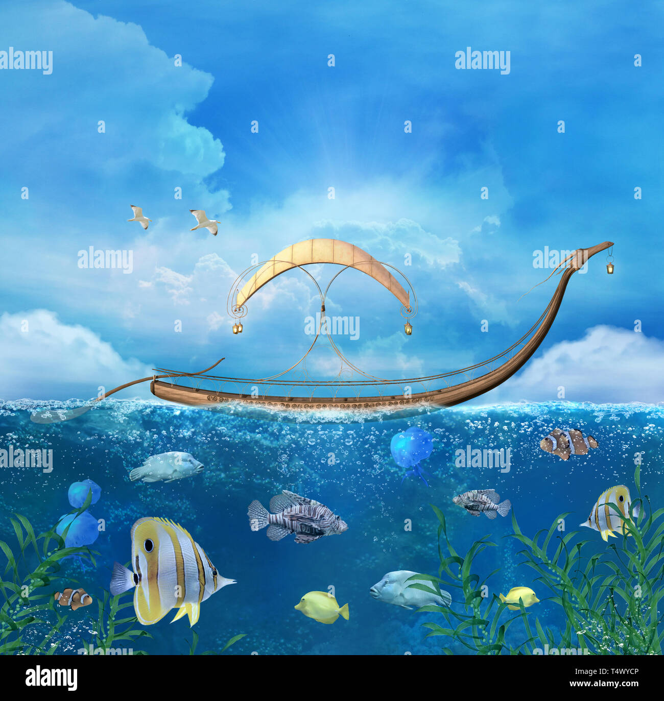 Fantasy boat in an enchanted seascape Stock Photo - Alamy