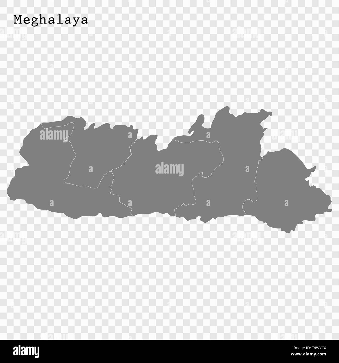 High Quality map of Meghalaya is a state of India, with borders of the ...