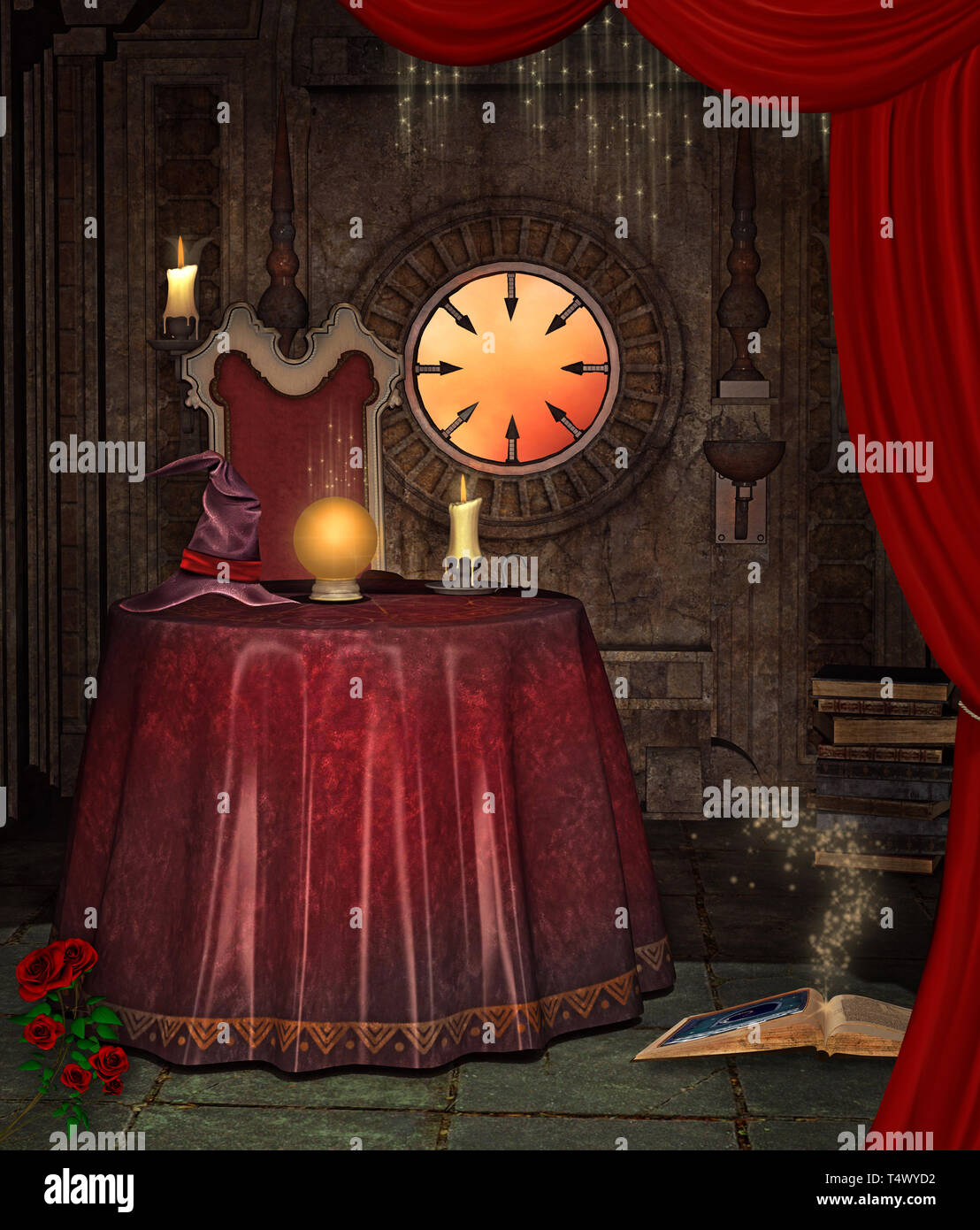 The fortune teller table with golden crystal ball, a witch hat and a ...