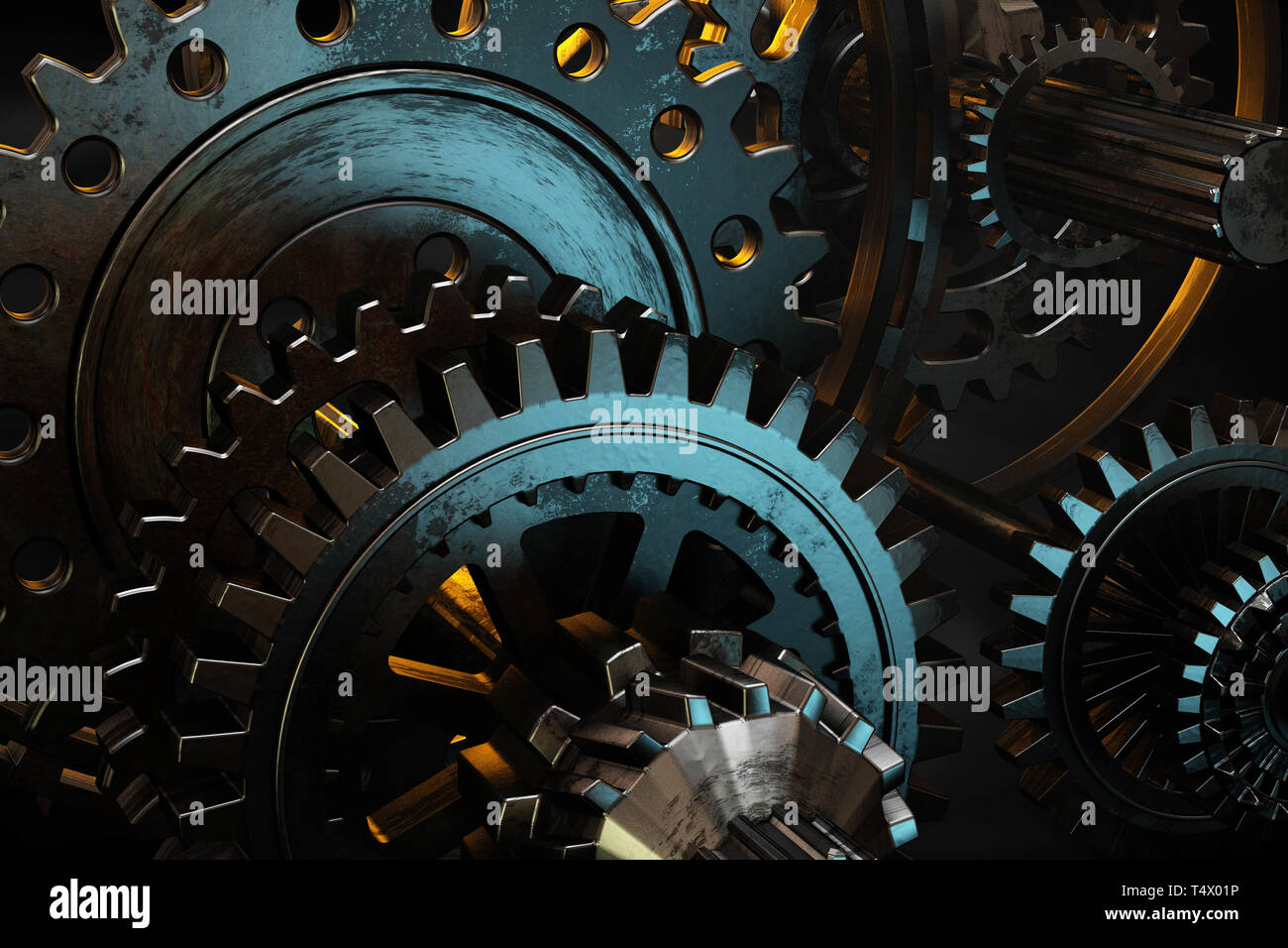 Rough, brutal steel gearsof different shapes and diameters. 3d ...