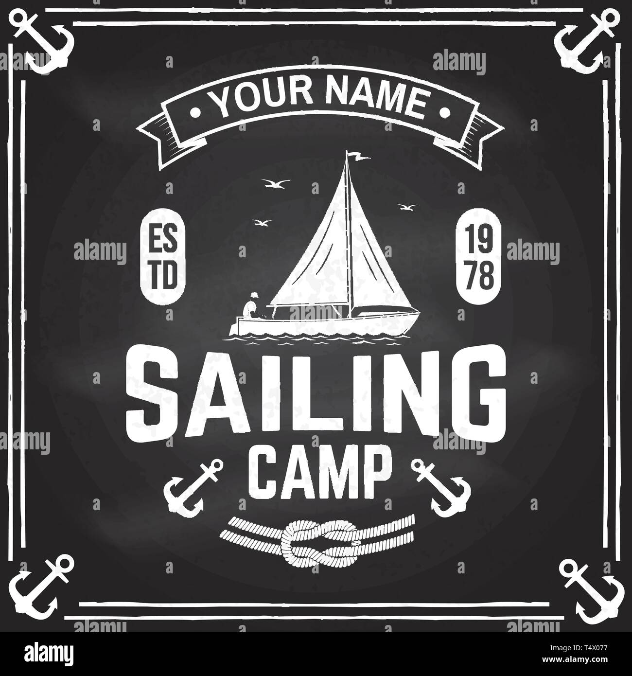 Sailing camp badge. Vector illustration on the chalkboard. Concept for ...