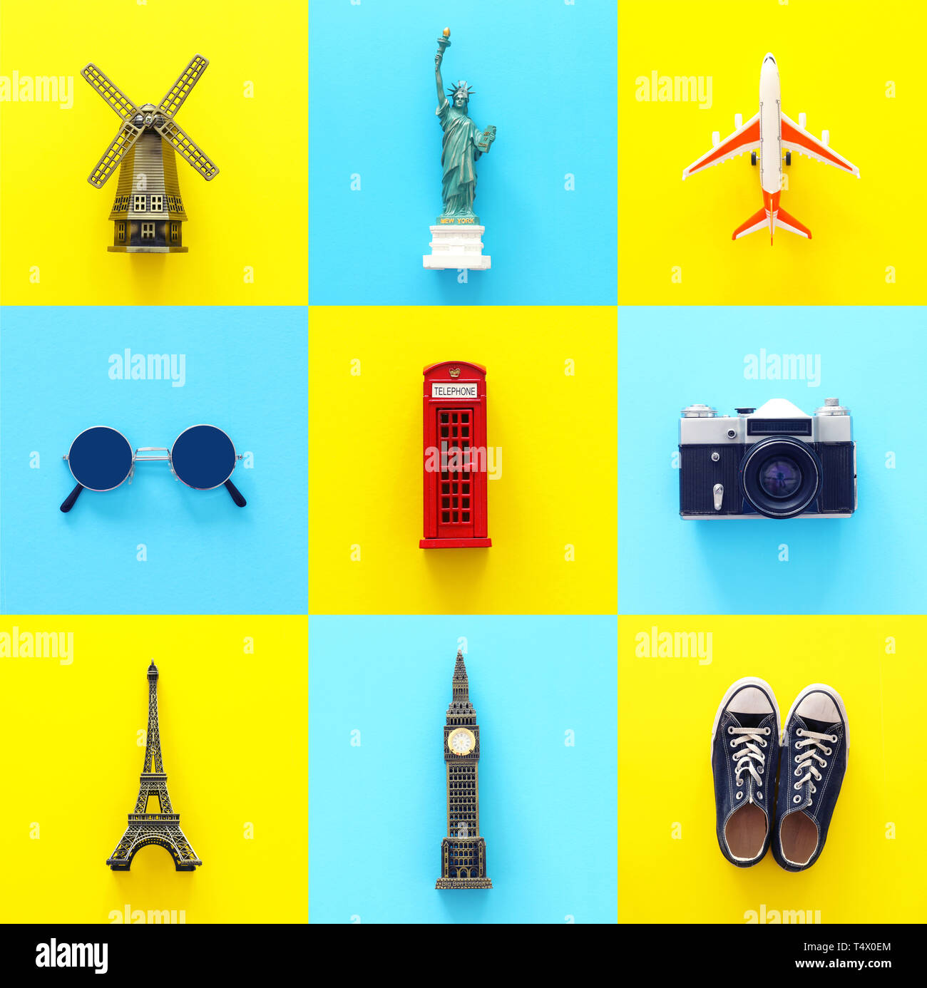 Travel collage concept with world symbols and icons. Top view Stock ...