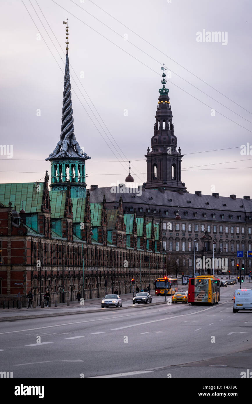 Spires of the Stock Exchange building and Christiansborg Palace ...
