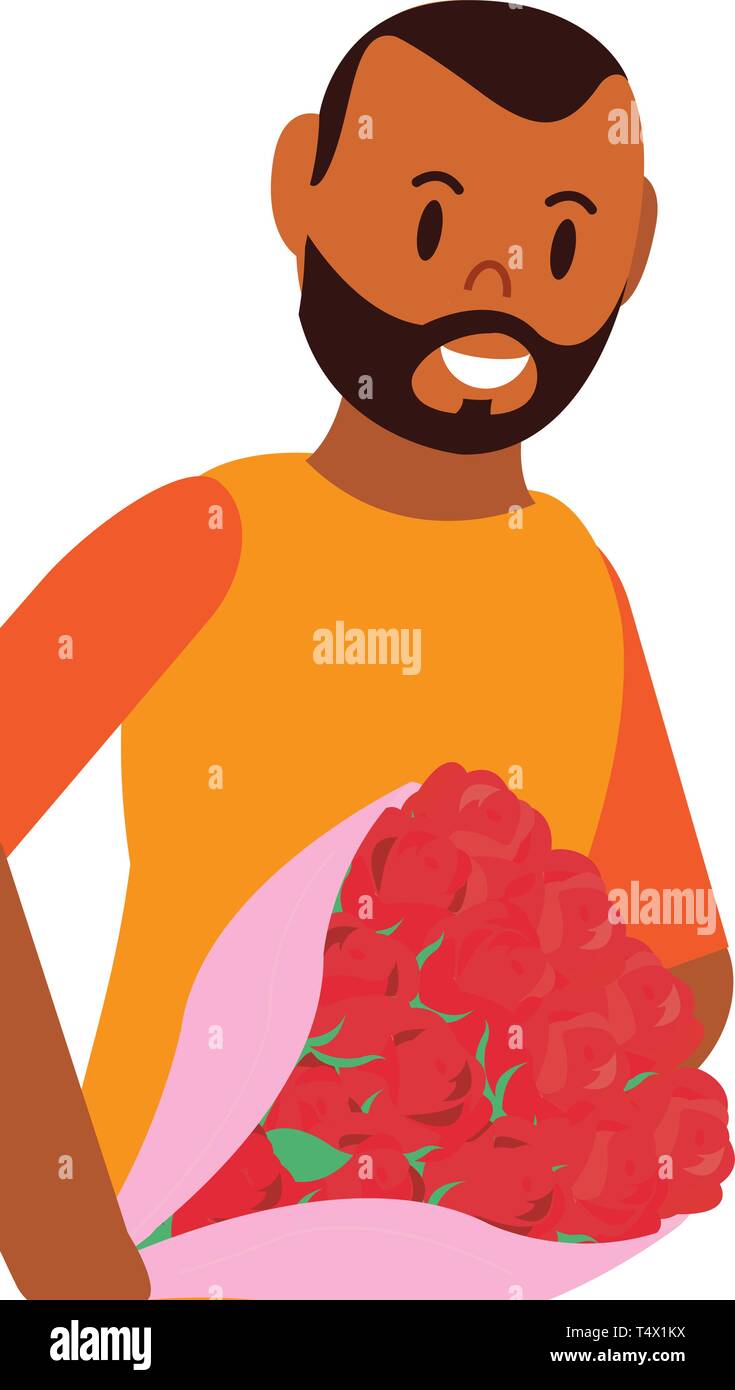 Young man with flowers bouquet romantic gift vector illustration ...