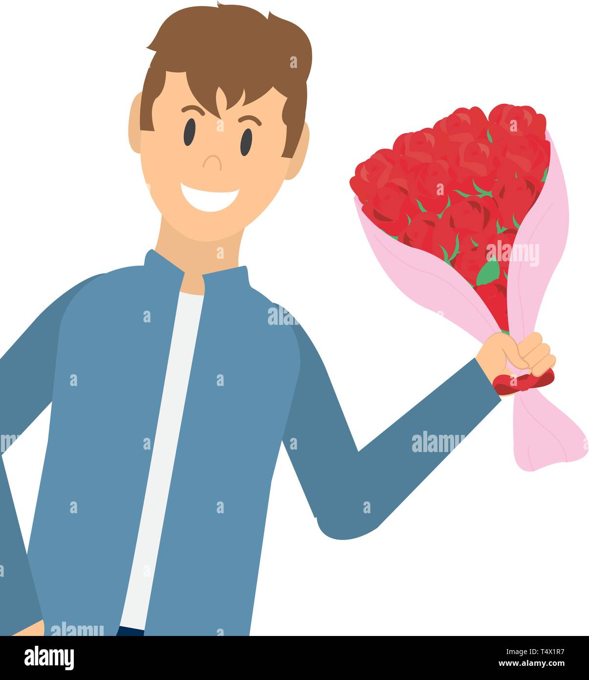 Young man with flowers bouquet romantic gift vector illustration ...