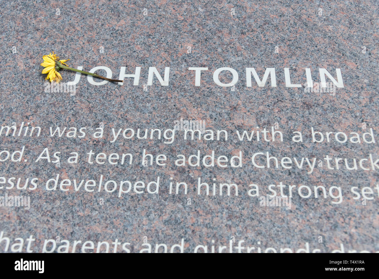 Marker for John Tomlin at the memorial for the victims of the Columbine ...