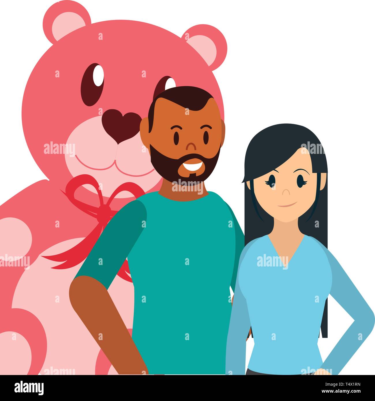 Couple woman and man smiling over big teddy cartoon vector illustration ...