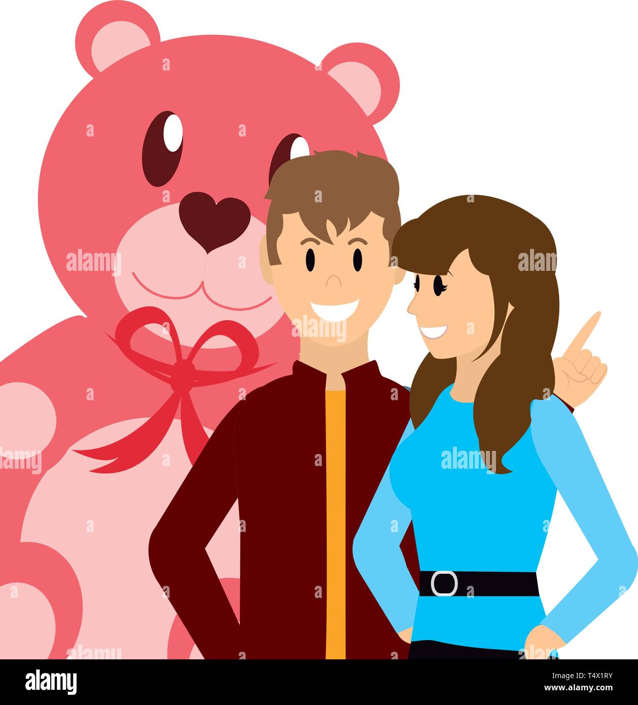 Couple woman and man smiling over big teddy cartoon vector illustration ...