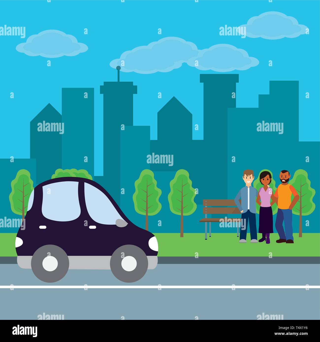 Young people cartoon at city over street with car passing by vector ...