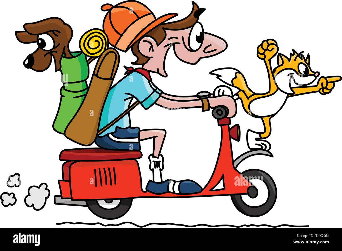 Cartoon man traveling on a motorcycle with his dog and cat vector ...