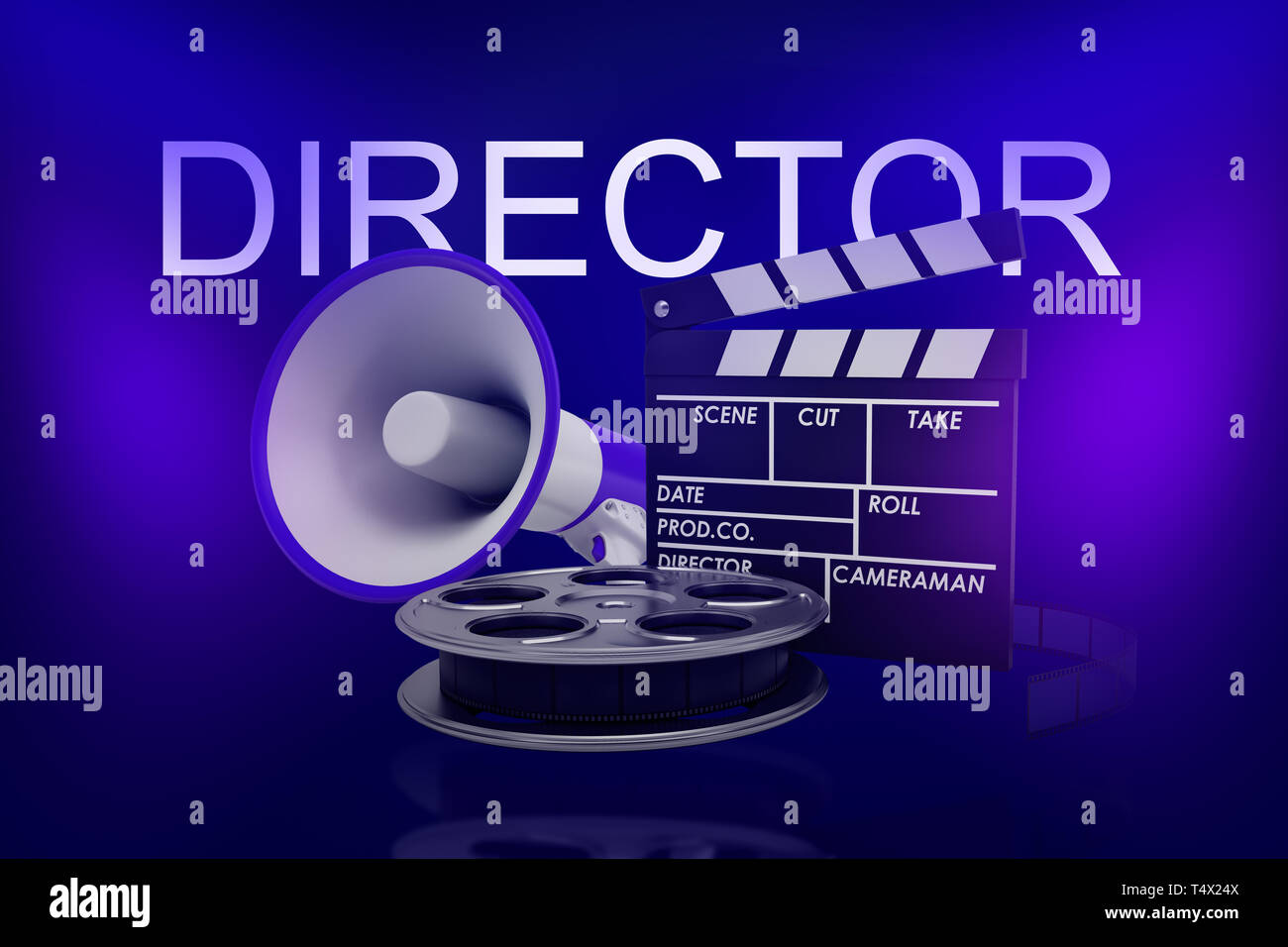 3d rendering of a megaphone, a clapperboard and a film reel with the ...
