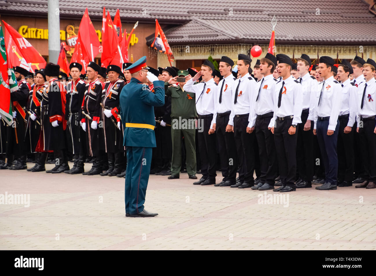 Slavyansk-on-Kuban, Russia - May 9, 2018: Festive parade on May 9 in ...