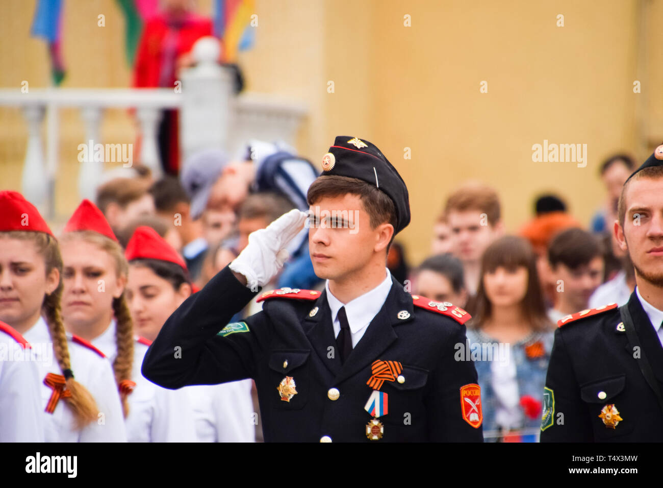 Slavyansk-on-Kuban, Russia - May 9, 2018: Festive parade on May 9 in ...