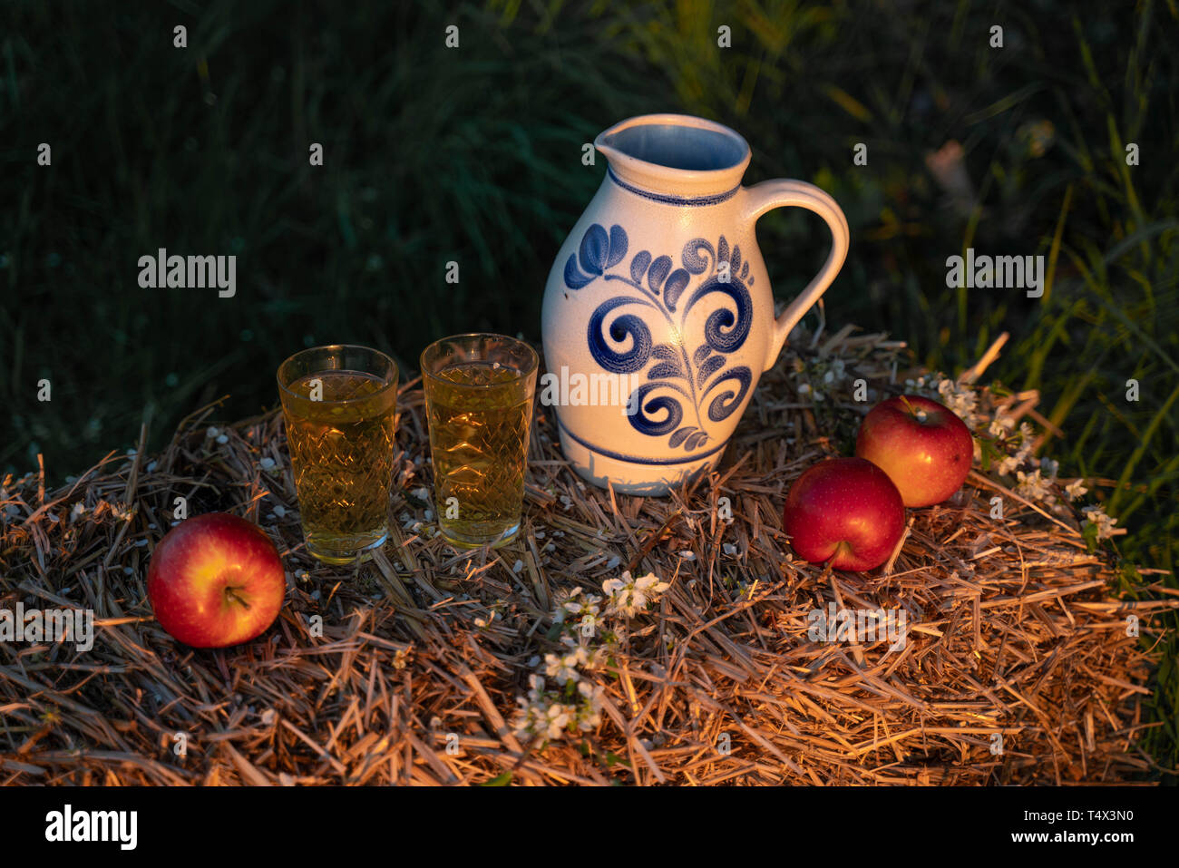 Traditional German Apple Wine from the Hesse Region. Wine in an old jug ...