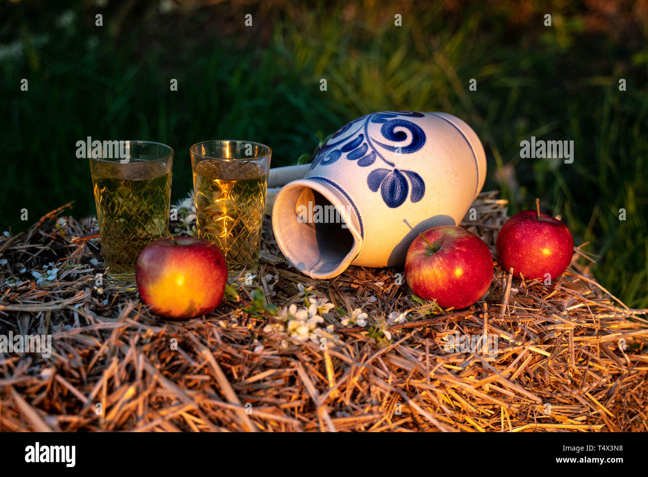 Traditional German Apple Wine from the Hesse Region. Wine in an old jug ...