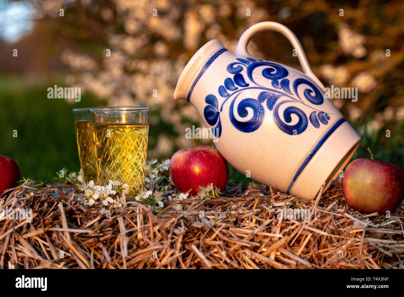 Traditional German Apple Wine from the Hesse Region. Wine in an old jug ...