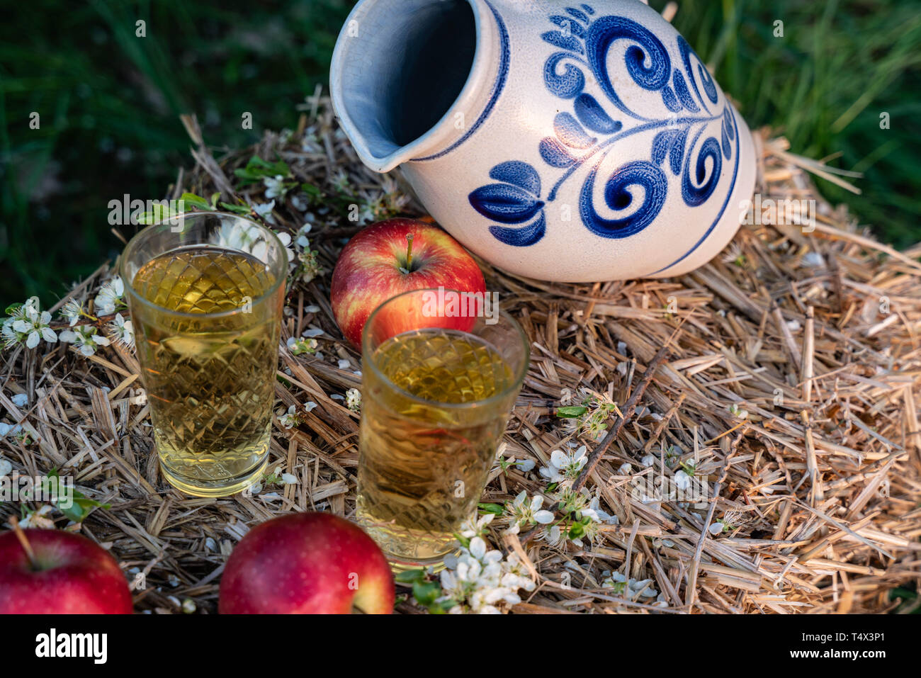 Traditional German Apple Wine from the Hesse Region. Wine in an old jug ...
