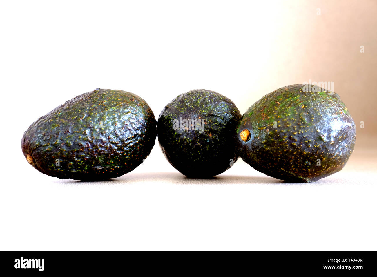 Three avocados (persea americana) on a light colored surface; avocado ...