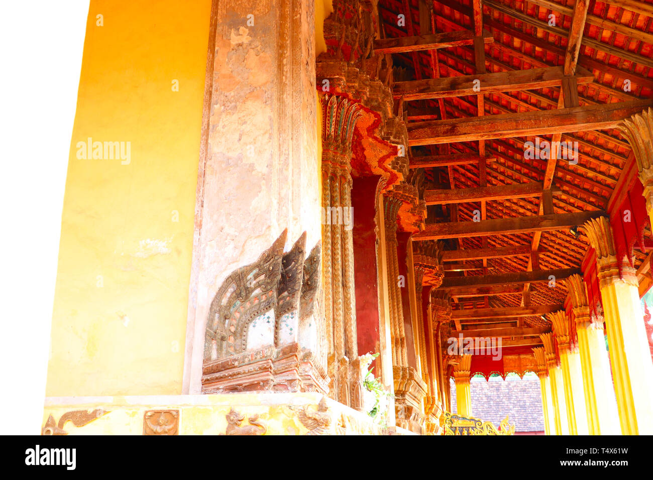 Side perspective view with colorful decoration of a Buddhist chapel ...