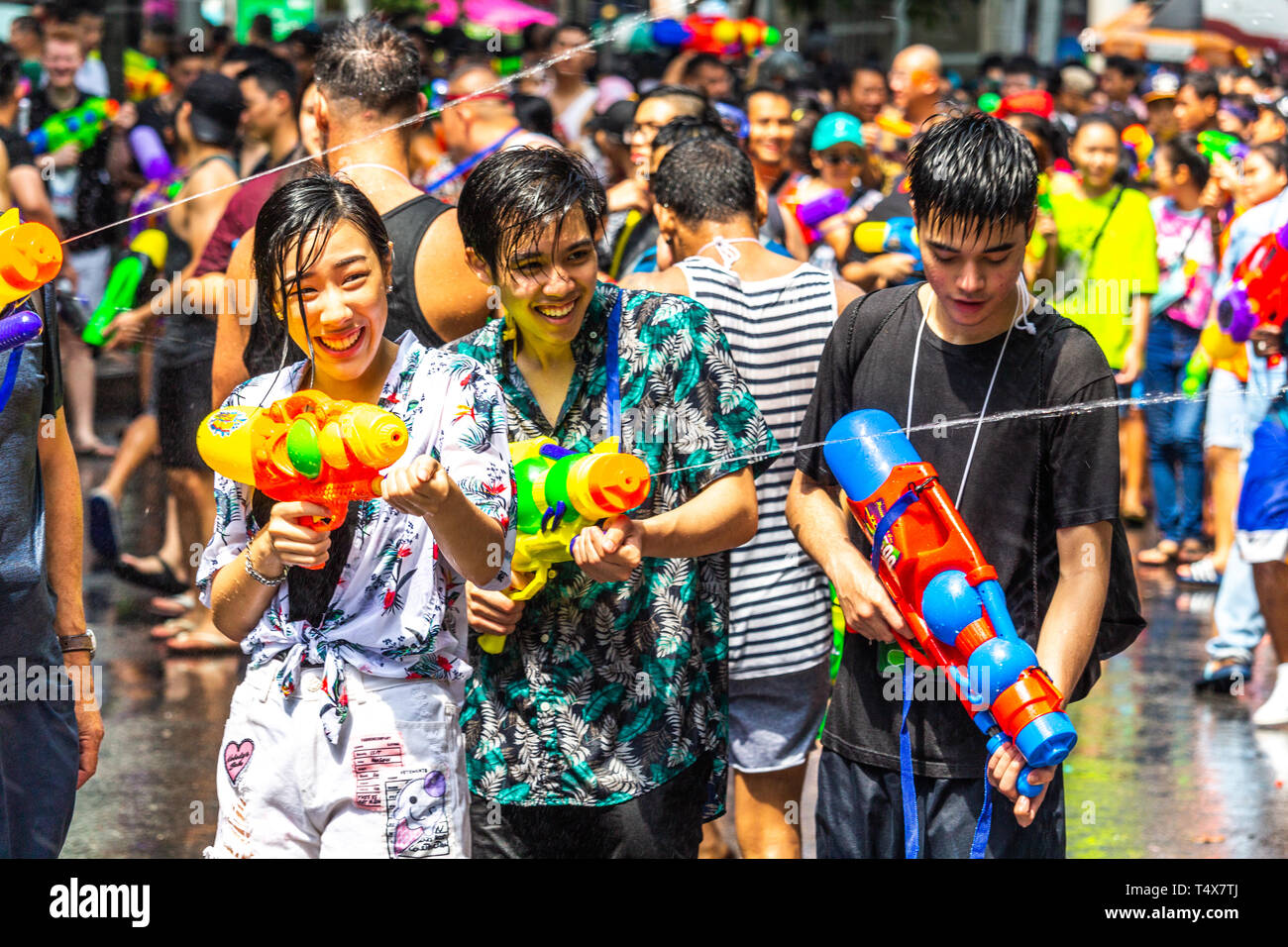 Bangkok, Thailand - April 12, 2019: Water fight on the streets of Silom ...
