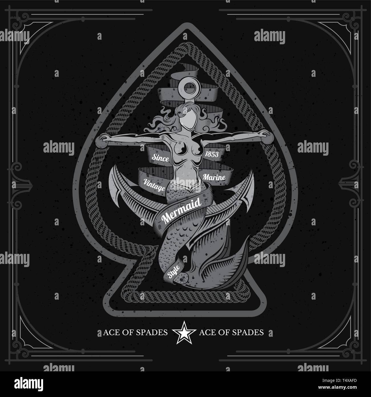 Ace of spades form with mermaid crucified on anchor inside. Design ...