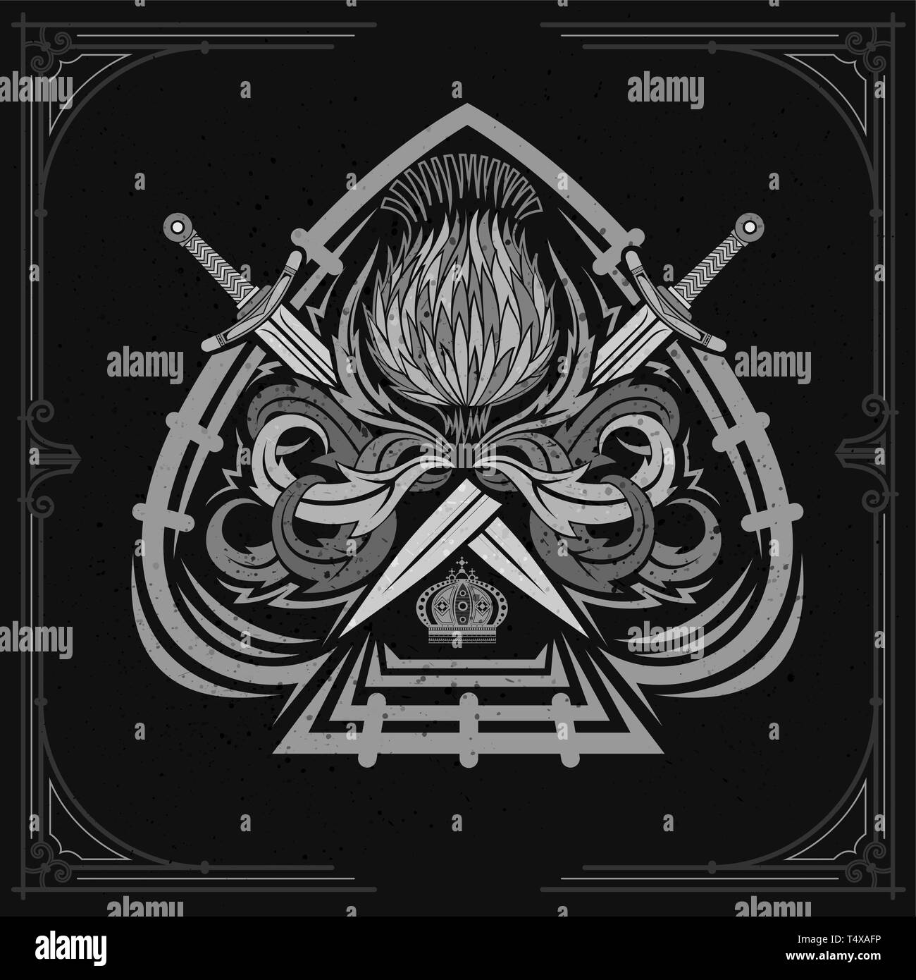 Ace of spades form with thistle floral pattern and crossed swords ...