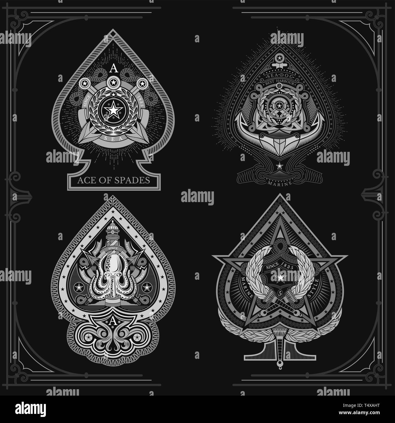 There are four marine ace of spades with wreath, anchore, lighthouse ...