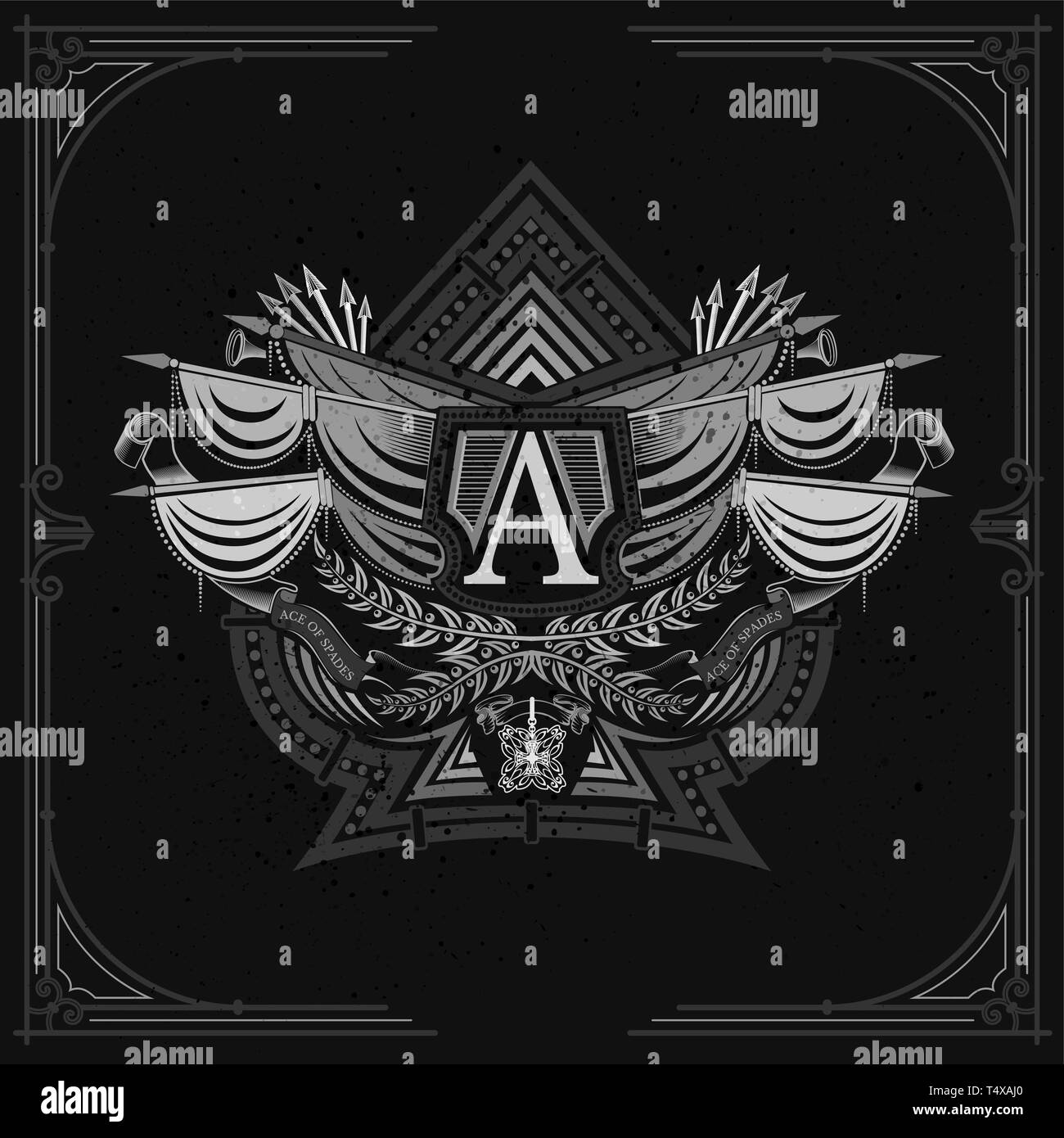 Vintage weapon and flags with wreath inside ace of spades form ...