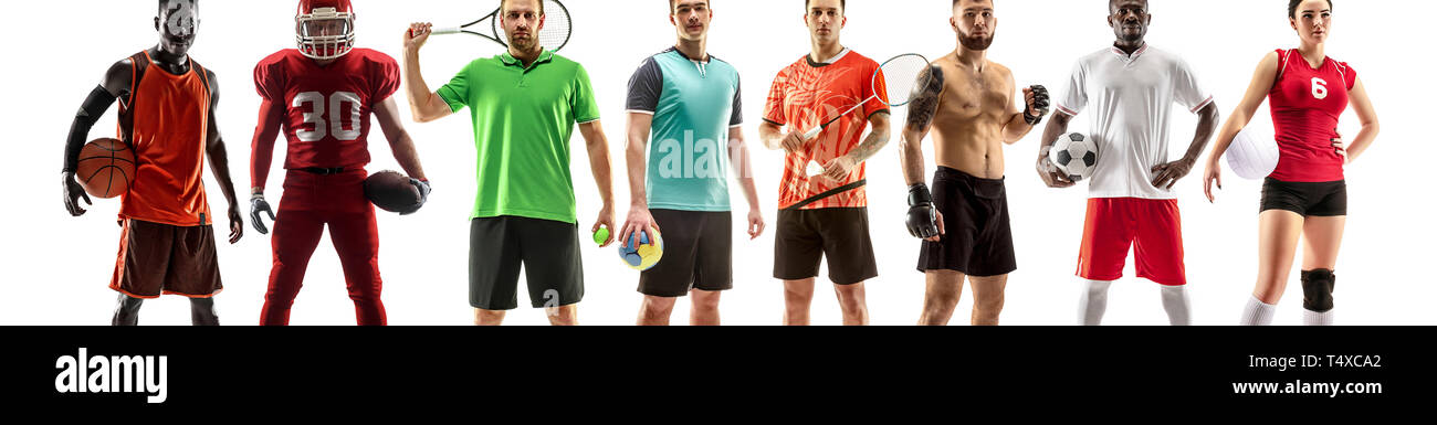 Sport collage. Tennis, badminton, soccer and american football ...