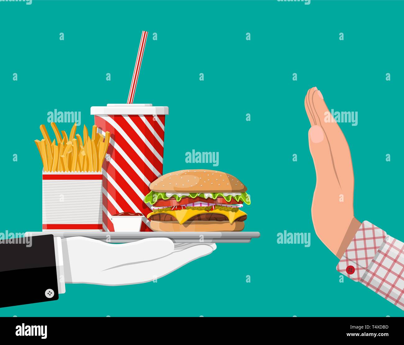 Man refuses take fast food with hand gesture. Rejecting junk food ...