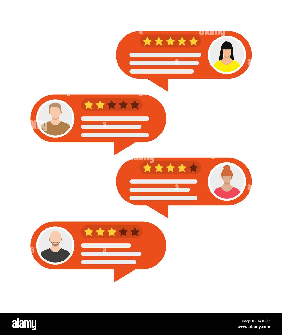 Rating app. Bubble speeches and avatars. Reviews five stars rating with ...