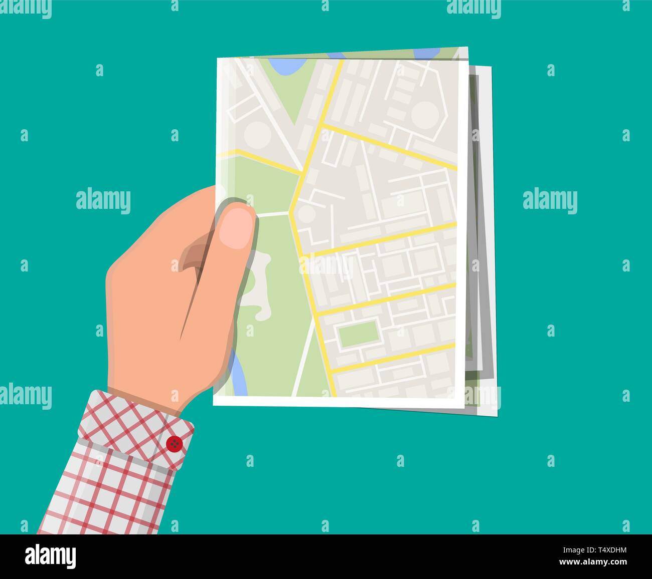 Folded paper city suburban map in hand. Abstract generic map with roads ...