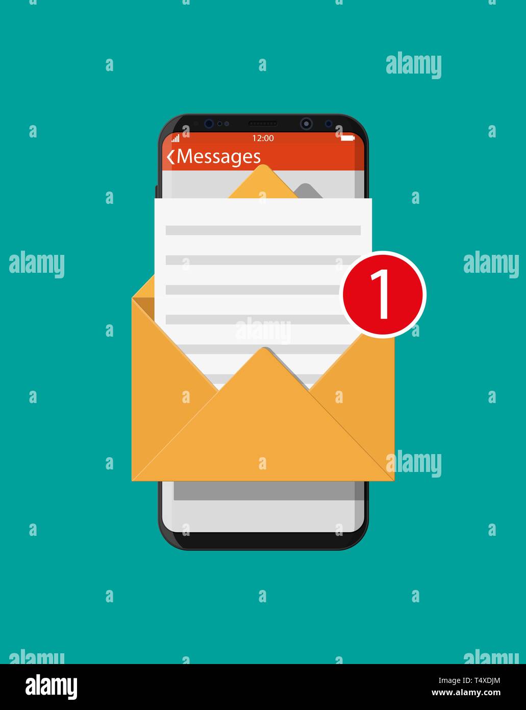 Paper envelope letter with counter notification in smartphone. Mail sms message icon. Unread ...