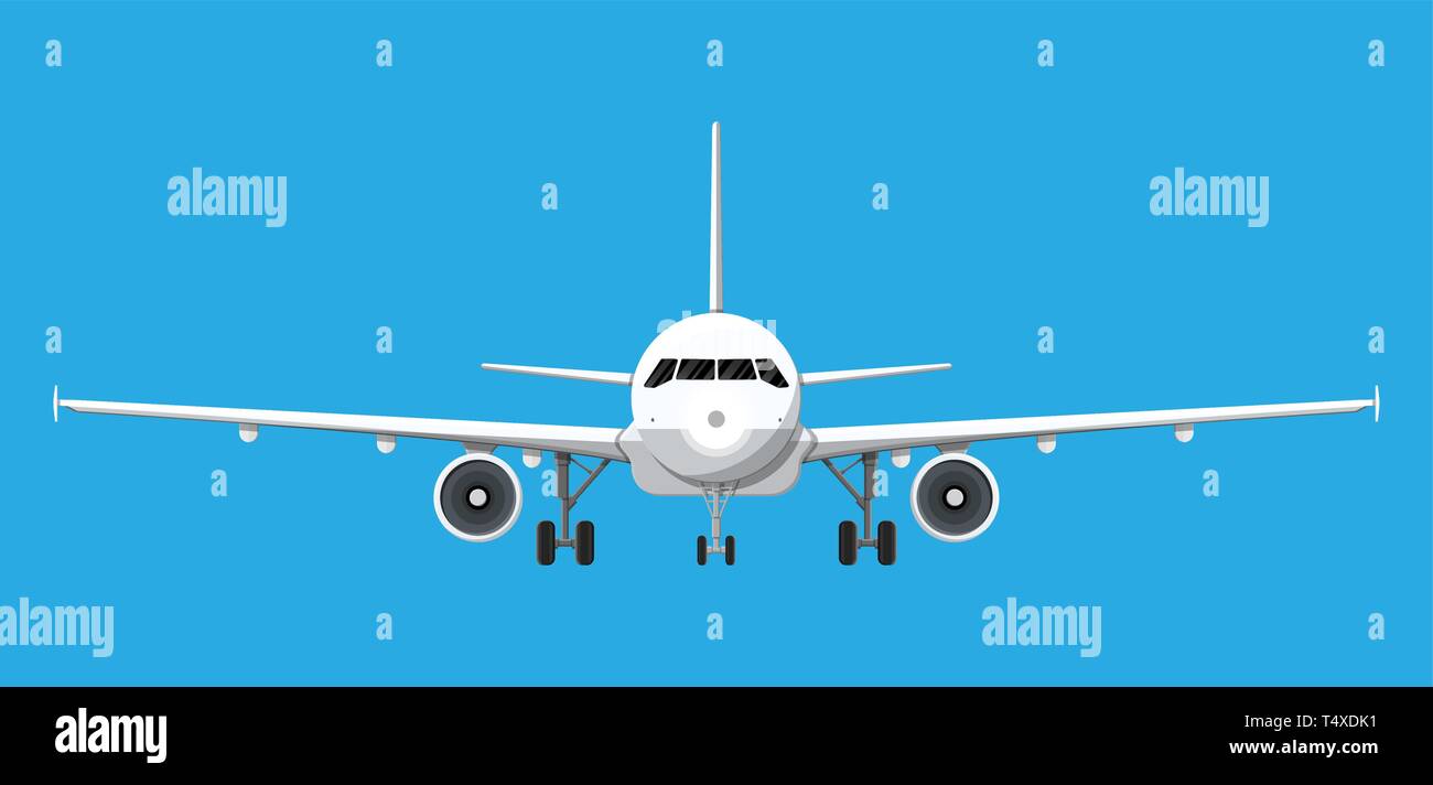Airplane front view. Passenger or commercial jet isolated on blue ...