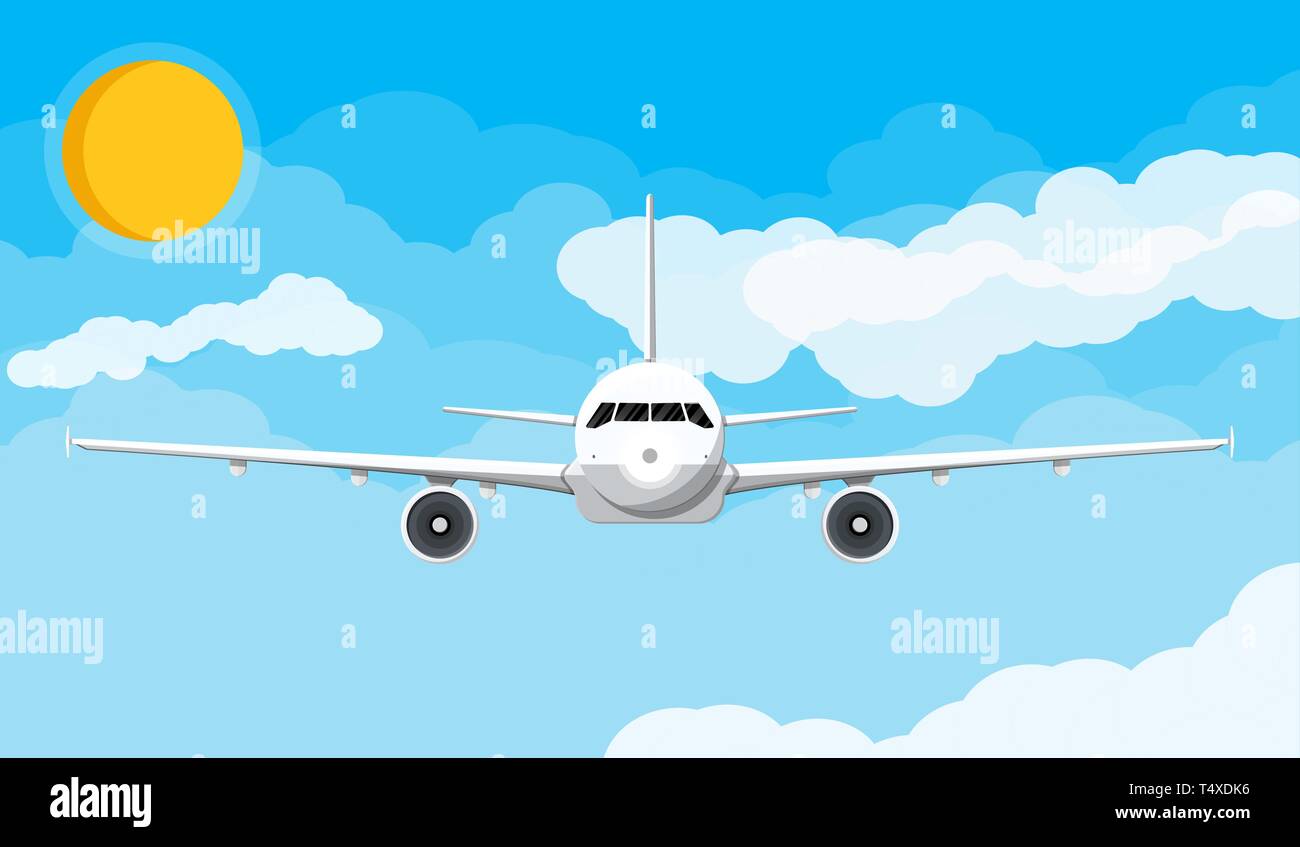 Airplane front view in the sky with clouds and sun. Passenger or ...