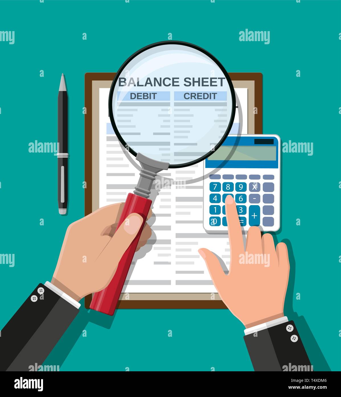 Accountant with report, calculator and magnifying glass checks money ...