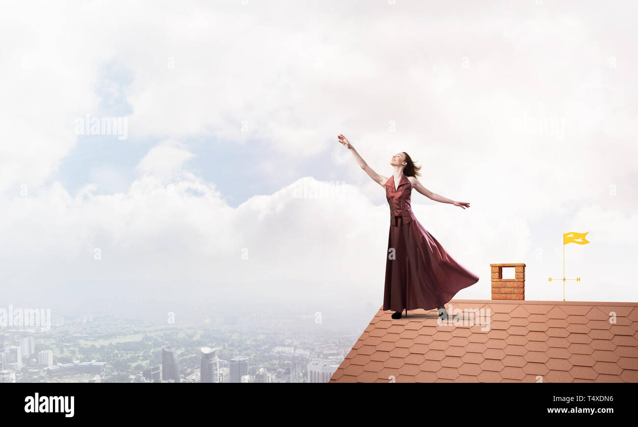 Concept of freedom and happiness with girl enjoying this life. Mixed ...