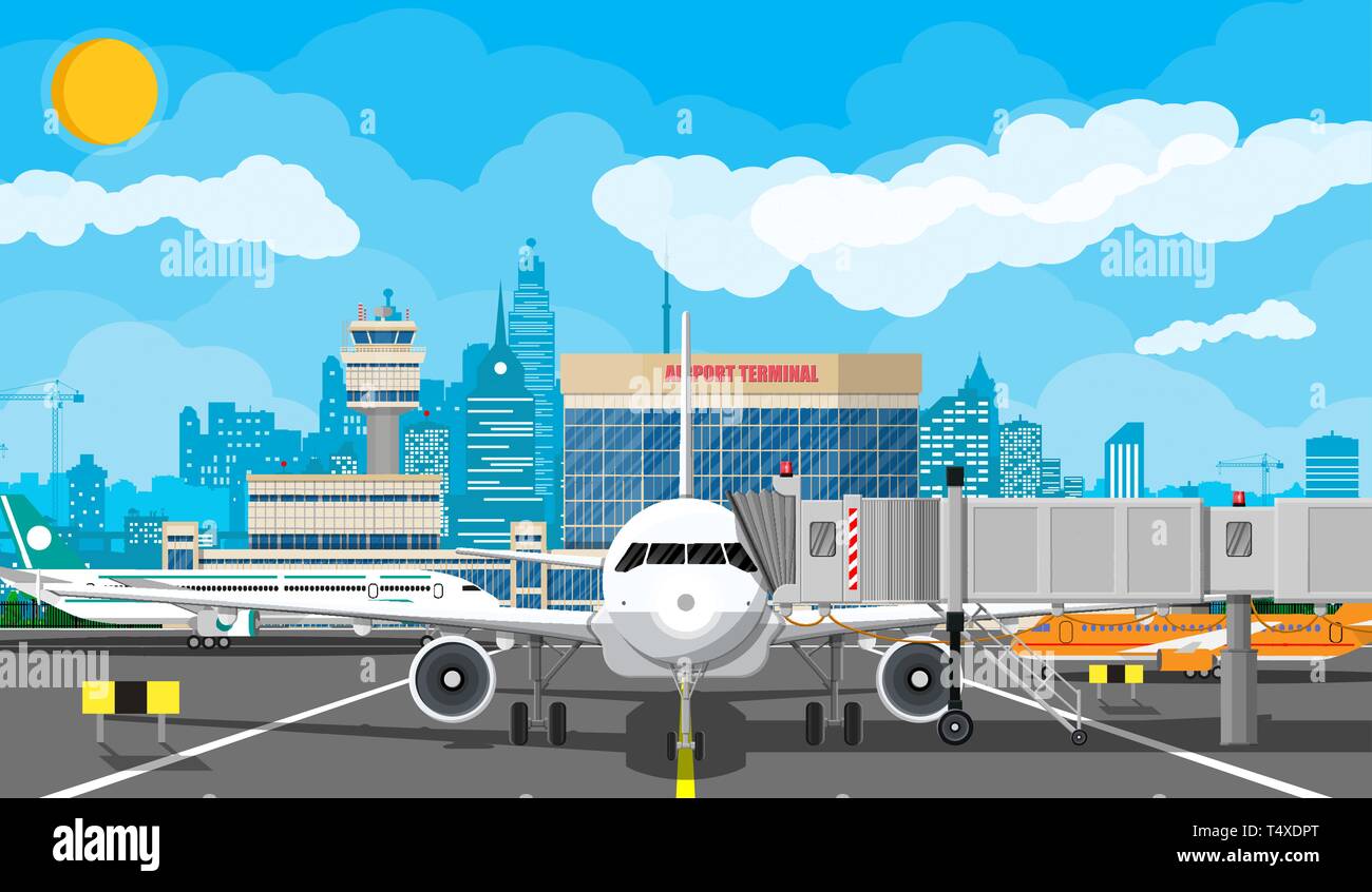 Plane before takeoff. Airport control tower, jetway, terminal building ...